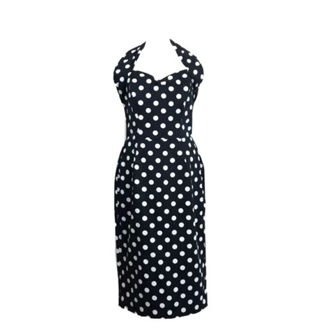 Vivien Of Holloway Retro 1950s Style Halter Navy Polkadot Pencil Wiggle