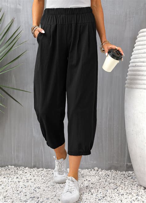 Black Pocket Elastic Waist High Waisted Pants Usd 3198