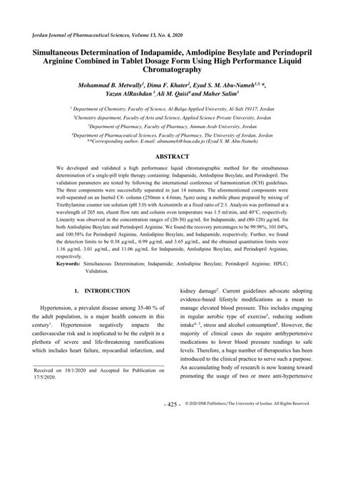 Pdf Simultaneous Determination Of Indapamide Amlodipine Besylate And Perindopril Arginine