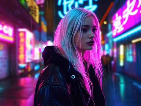Premium Ai Image A Wide Angle Photo Of A Blonde Cyberpunk Girl With