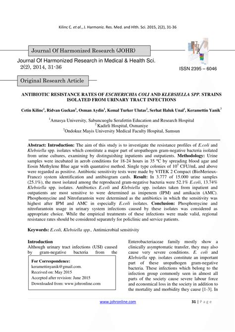 Pdf Antibiotic Resistance Rates Of Escherichia Coli And Klebsiella