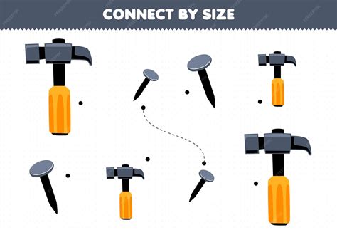 아이들을 위한 교육용 게임은 귀여운 만화 망치와 못 인쇄 가능한 도구 워크시트의 크기로 연결됩니다 프리미엄 벡터
