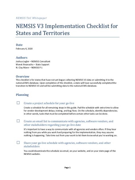 Fillable Online NEMSIS V3 Implementation Checklist For States And