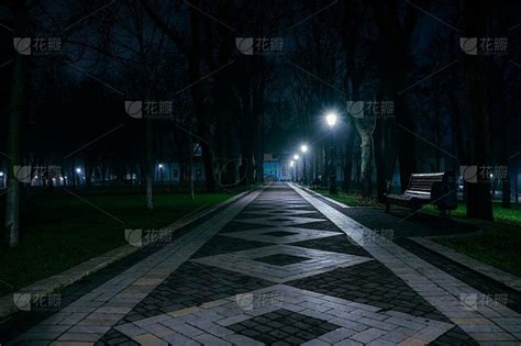 初冬的一个夜晚，小路上有一层薄雾。夜晚，在美丽的深秋城市公园的人行道上，有长椅和花灯。马林斯基公园美