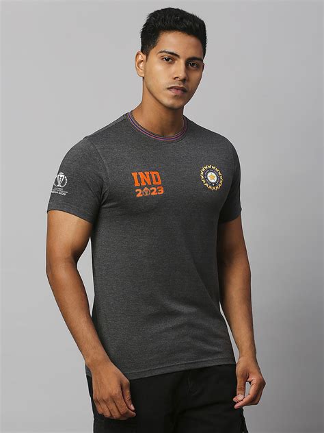Buy Official Icc Cwc 23 Men Anthra Melange Solid Short Sleeves Round