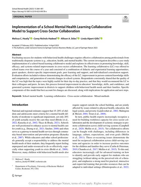 Implementation Of A School Mental Health Learning Collaborative Model To Support Cross Sector