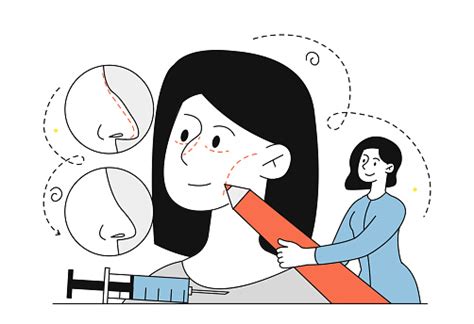 성형 외과 의사 개념입니다 큰 연필을 가진 의사가 소녀의 얼굴에 자국을 남깁니다 성형 수술 및 코 성형 아름다움과 미학 선형