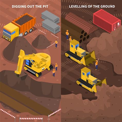 Bouwmachines Isometrische Verticale Banners Set Gratis Vector