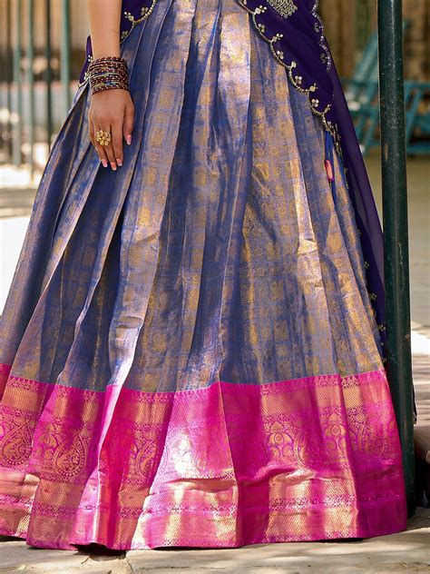 Buy Dusty Blue Zari Weaving Kanchipuram Silk Half Saree Lehenga From