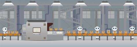 로봇 작업 평면 디자인 벡터 일러스트와 함께 자동화 공장 개념 프리미엄 벡터