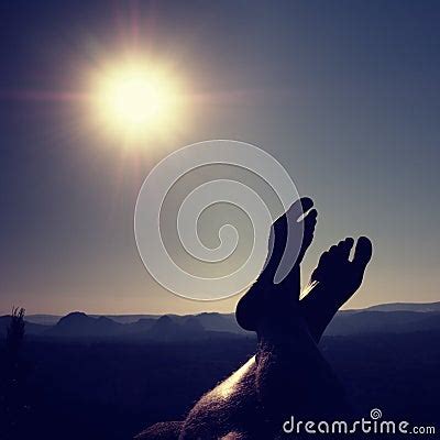 Naked Male Legs Take Rest On Peak Outdoor Activities Royalty Free