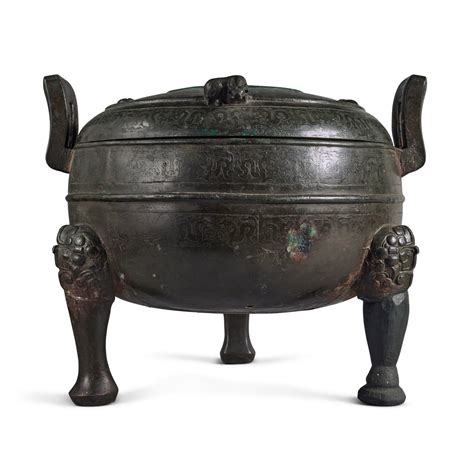Archaic Bronze Ritual Food Vessel And Cover Ding Early Warring