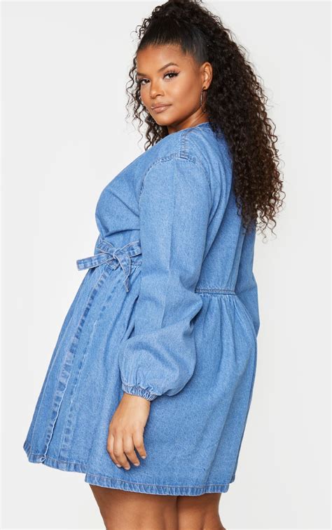 Plus Mid Blue Wash Wrap Detail Denim Dress Plus Size