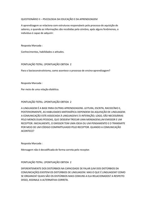 Questionário II Psicologia DA Educação E DA Aprendizagem QUESTIONÁRIO II PSICOLOGIA DA