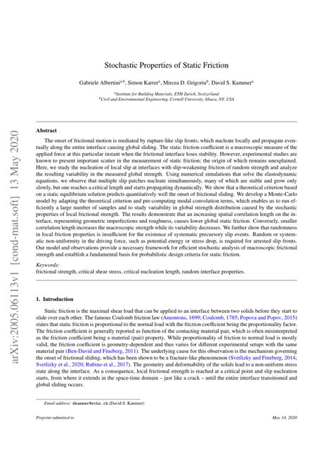 Pdf Stochastic Properties Of Static Friction