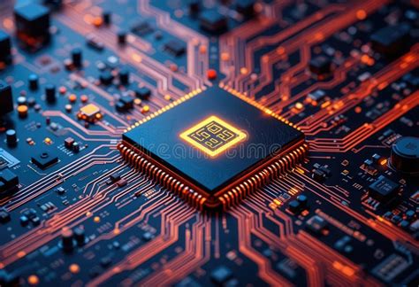 Intricate Circuit Board Featuring A Glowing Microprocessor At Night Stock Image Image Of