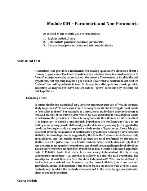 Lesson Parametric Vs Non Parametric Statistical Tests Module Studocu