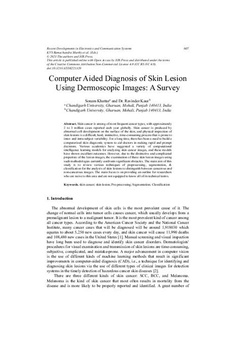 Pdf Computer Aided Diagnosis Of Skin Lesion Using Dermoscopic Images A Survey Sonam Khattar