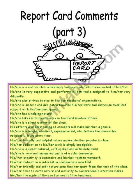 Report Card Comments Part 3 ESL Worksheet By Gauri