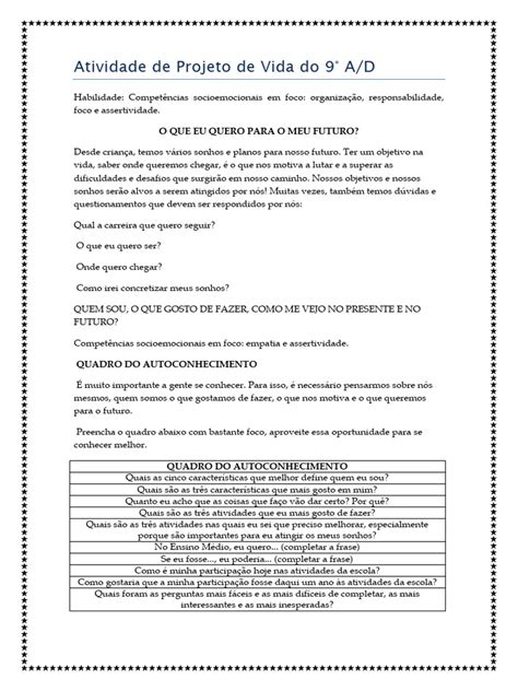 2 Atividade De Projeto De Vida 4° Bimestre 9 Ano Pdf