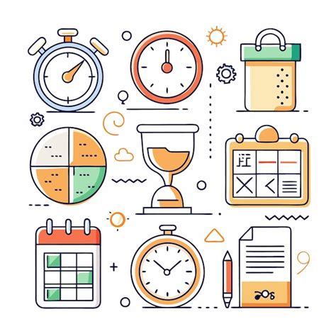 Time Management Icons With Clock Calendar Hourglass Pie Chart Checklist And Document Premium