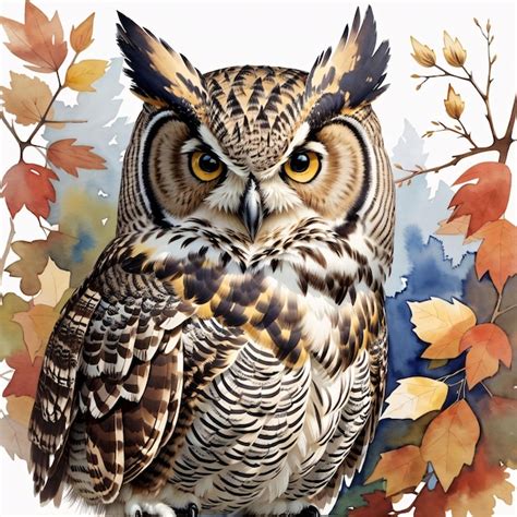 Aquarela Realista De Un Gran Búho Con Cuernos Dibujo Ilustración De La