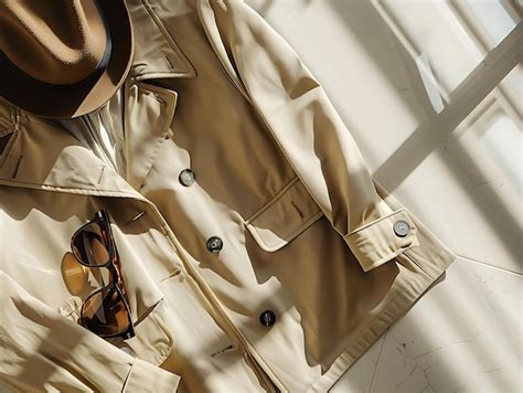 Beige Trench Coat With Hat And Sunglasses Illustration Premium Ai