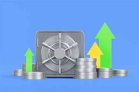 금고는 동전 더미와 금융 성장과 보안을 나타내는 파란색 배경에 위쪽 화살표가 있습니다 3d 렌더링 0명에 대한 스톡 사진 및 기타 이미지 Istock