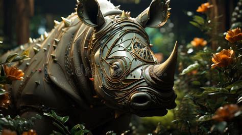 Rhino Robot Futuristic Rhino Robot On The Fantasy Forest Background