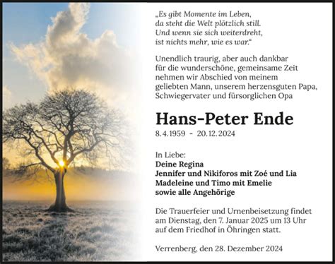 Traueranzeigen Von Hans Peter Ende Trauerundgedenken De