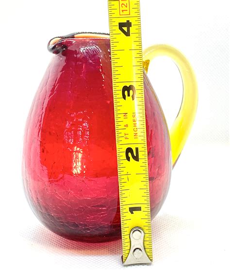 Hand Blown Red Crackle Glass Pitcher Miniature 4 Inch Yellow Handle Etsy