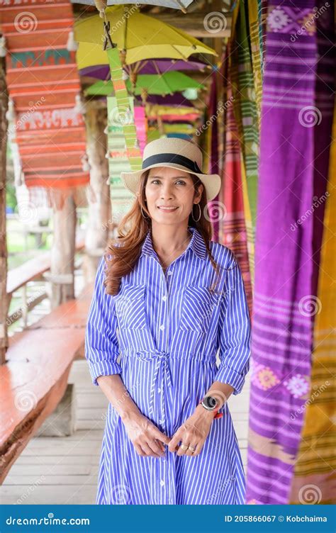 Thai Girl In Blue Dress With Thai Cloth Background Stock Image Image
