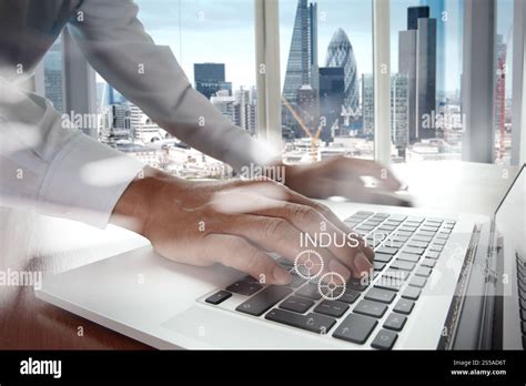 Double Exposure Of Business Engineer Draw Icon Of Industry And London City As Concept Stock