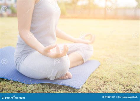 Close Up Hands Woman Do Yogaasian Girl Doing Yoga In Garden Stock