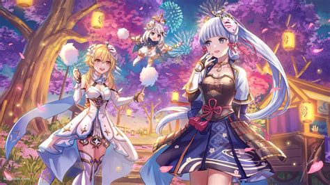 わたあめを持つ蛍とパイモン 笑顔の神里綾華 お祭り 桜の木 原神 1920x1080px のデスクトップPC用の壁紙 高