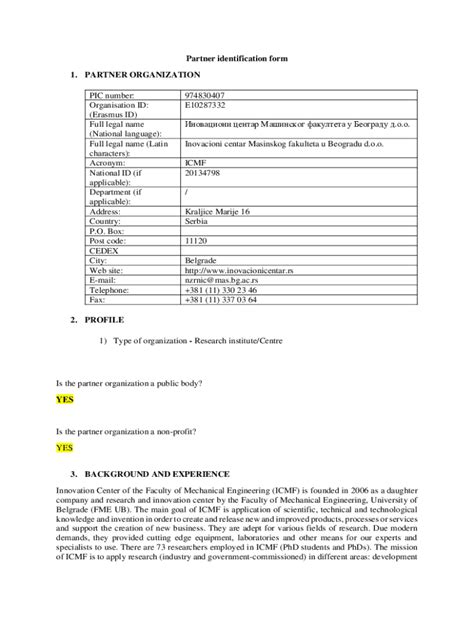 Fillable Online Partner Identification Form 1 Partner Organization Pic