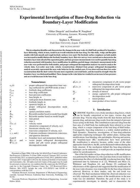 Pdf Experimental Investigation Of Base Drag Reduction Via Boundary Layer Modification