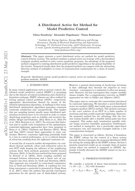 Pdf A Distributed Active Set Method For Model Predictive Control