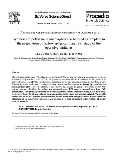 Pdf Synthesis Of Polystyrene Microspheres To Be Used As Template In The Preparation Of Hollow