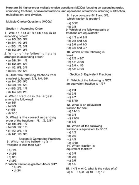 F1 Higher Order 30mcq Fractions Definitions Simplest Form Equivalent Fraction Comparison