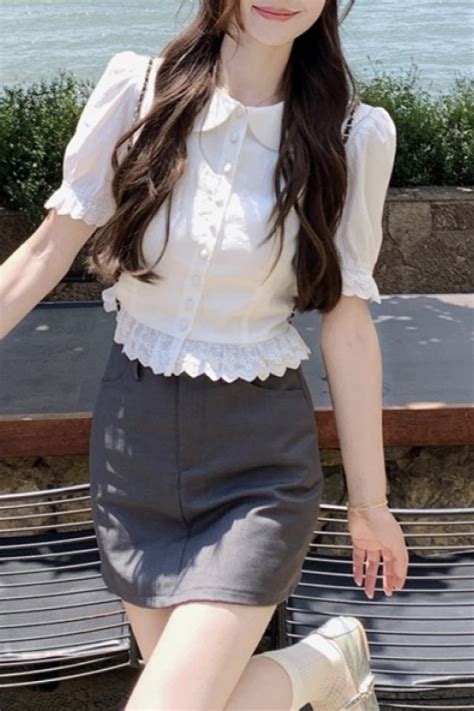 핑크프릴 Set 인형 카라넥 반팔 블라우스 미니스커트 투피스세트