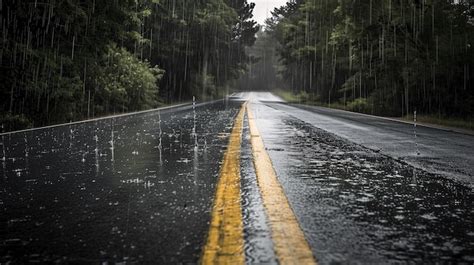 Rainy Road Through Lush Forest With Heavy Downpour Premium Ai