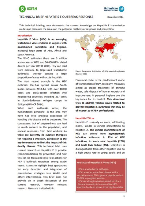 Technical Brief Hepatitis E Outbreak Response Global Wash Cluster