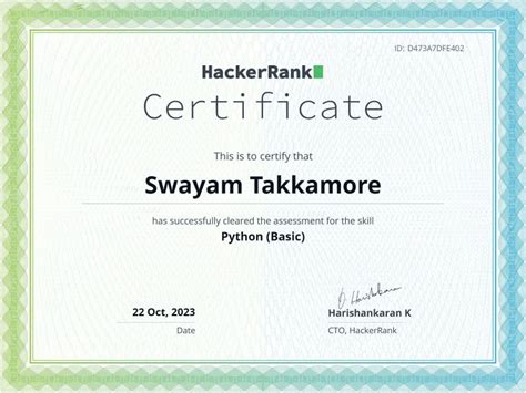 Pythoncertified Hackerrankcertification Swayam Takkamore