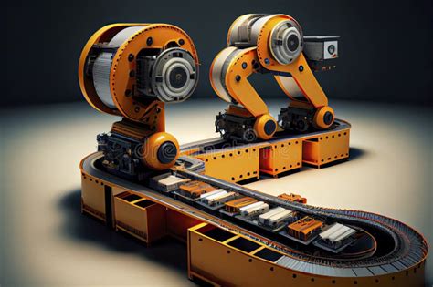 3d Rendering Robotic Machines With Conveyor Line Stock Illustration Illustration Of Line