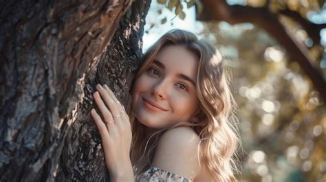 Caucasian Woman Hugging The Trunk Of A Big Tree In The Forest Premium