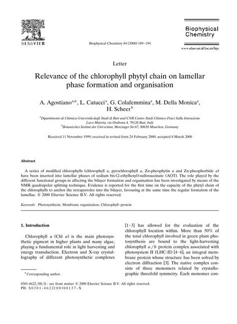 Pdf Relevance Of The Chlorophyll Phytyl Chain On Lamellar Phase