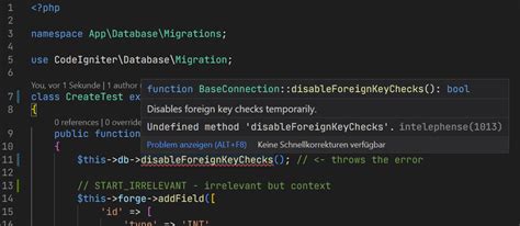CodeIgniter Undefined Method DisableForeignKeyChecks Intelephense On Defined Method