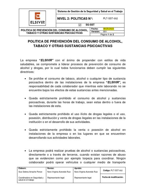 Plt Sst 002 Política De Prevención Del Consumo De Alcohol Tabaco Y