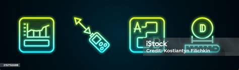 선 그래프 일정 차트 다이어그램 레이저 거리 측정기 경로 위치 및 직경을 설정합니다 빛나는 네온 아이콘입니다 벡터 0명에 대한